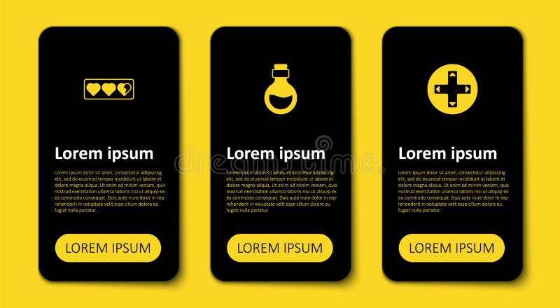 Set Game Controller or Joystick, Bottle with Magic Elixir and Life Bar ...