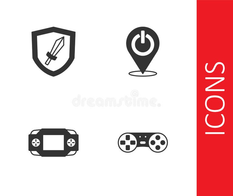 Set Game Controller or Joystick, Sword for Game, Portable Video Console and Power Button Icon ...