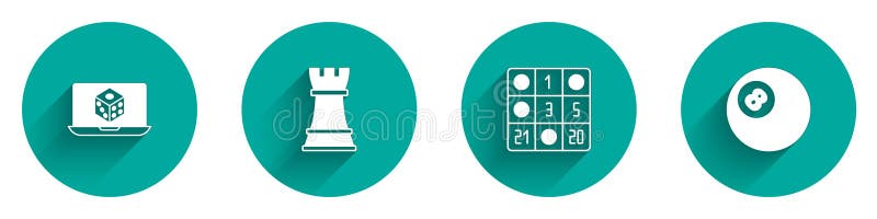 Set Game Dice, Chess, Bingo Card and Billiard Pool Snooker Ball Icon ...