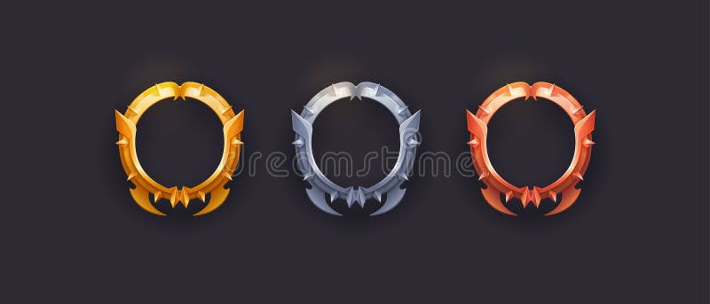 Set of Game Frames on Black Background. Gold, Silver, Bronze Metal ...
