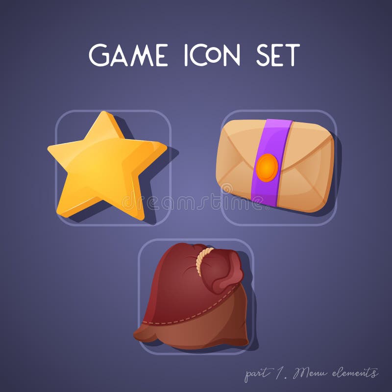 Set of Game Icon in Cartoon Style. Menu Elements: Star, Letter and ...