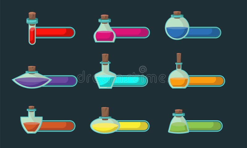 Set Game Icons of Bottles with Poison or Elixir and Status Indicator ...