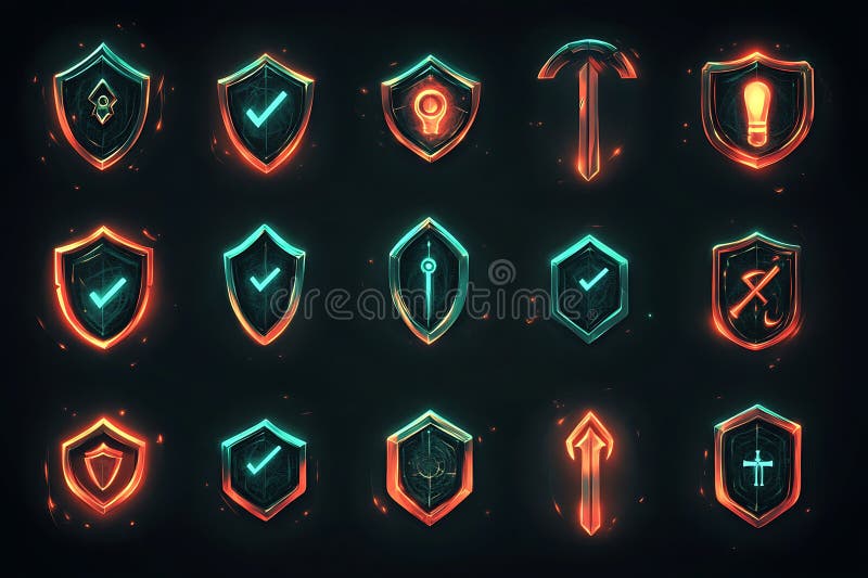 A Set of Game Icons for Different Types of Shields, Each Shield is ...