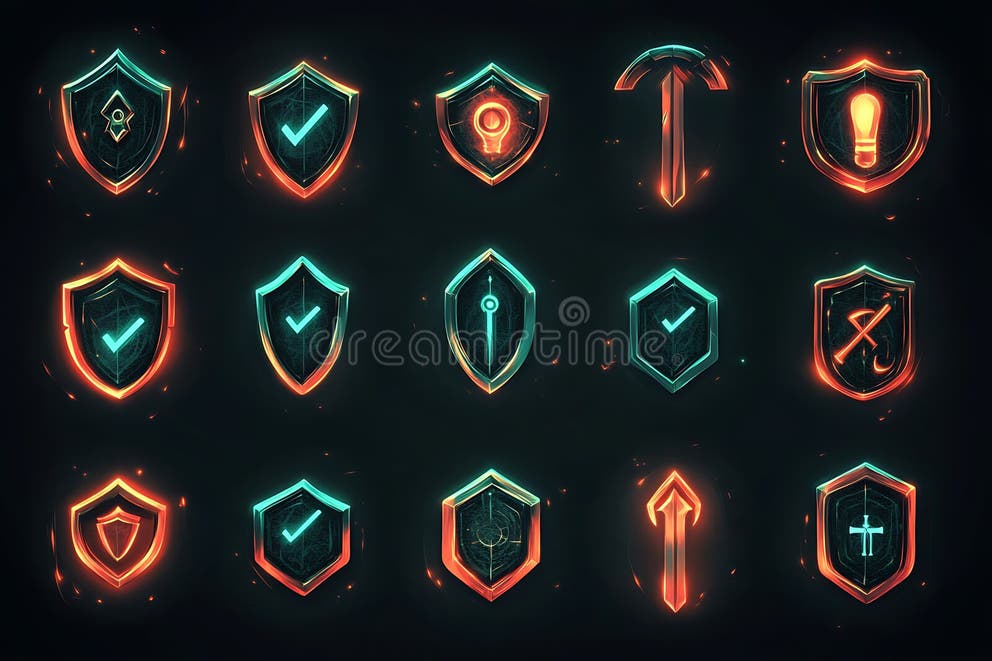 A Set of Game Icons for Different Types of Shields, Each Shield is ...
