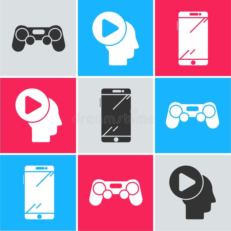 Set Gamepad, Head People with Play Button and Smartphone, Mobile Phone ...