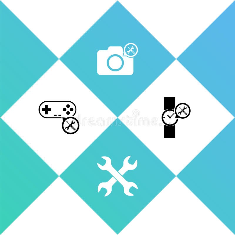 Set Gamepad Service, Crossed Wrenchs, Photo Camera and Wrist Watch Icon ... Set Gamepad Service, Crossed Wrenchs, Photo Camera and Wrist Watch Icon ...