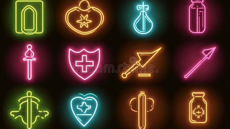 Set of Gaming Icons with Points and Life Bars, Console, Player, Chess ...