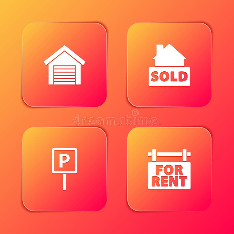 Set Garage, Hanging Sign with Text Sold, Parking and for Rent Icon ...