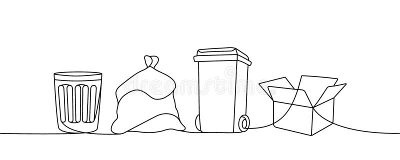 Set of Garbage One Line Continuous Drawing. Rubbish, Trash Can, Garbage ... Set of Garbage One Line Continuous Drawing. Rubbish, Trash Can, Garbage ...