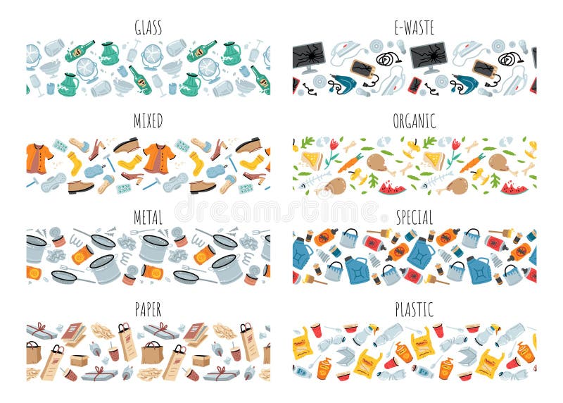 Set of 8 Garbage Seamless Patterns with Trash Items Stock Vector ...