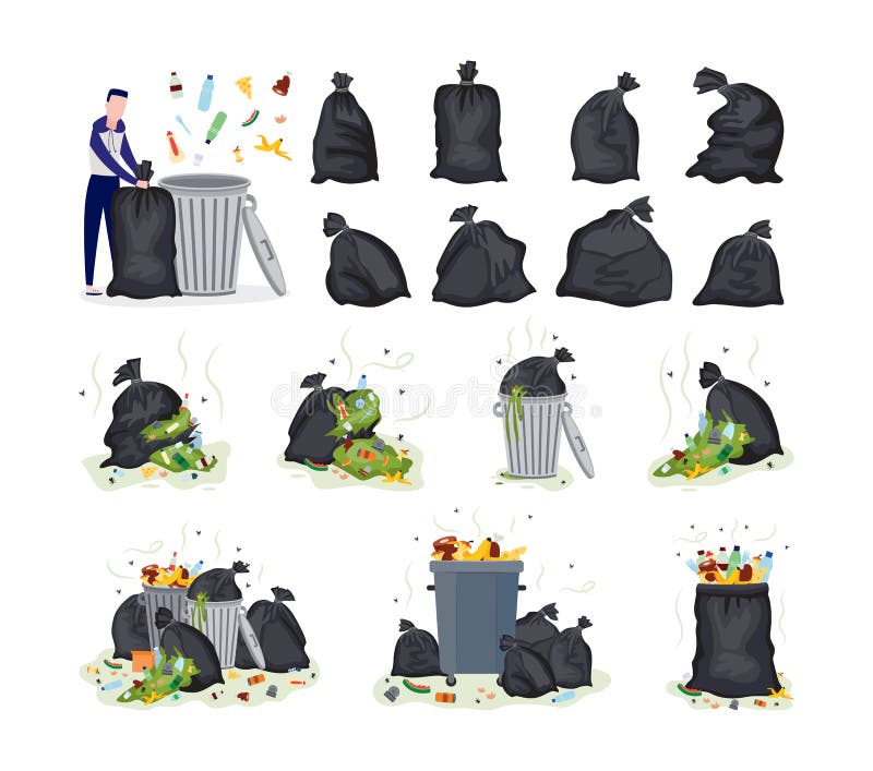 Set of Garbage Items - Plastic Bags, Rubbish and Man Flat Vector ...