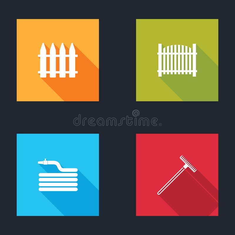 Set Garden Fence, , Hose or Fire Hose and Rake Icon. Vector Stock ...