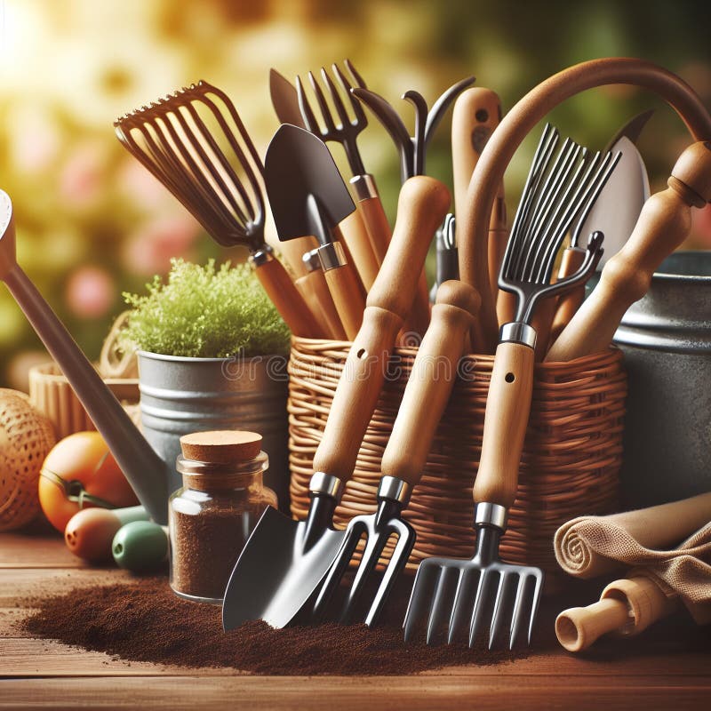 Set of Garden Tools on Blurred Nature Background Stock Illustration ...
