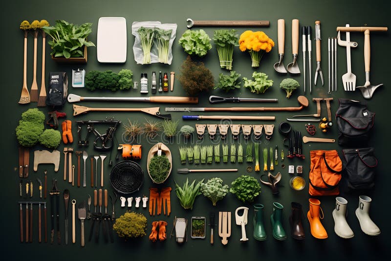 Set of Gardening Tools and Flowerpots Collage Stock Illustration ...