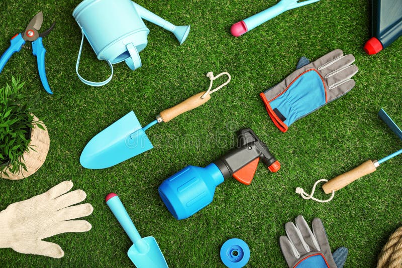 Set of Gardening Tools on Green Grass Stock Photo - Image of farm ...