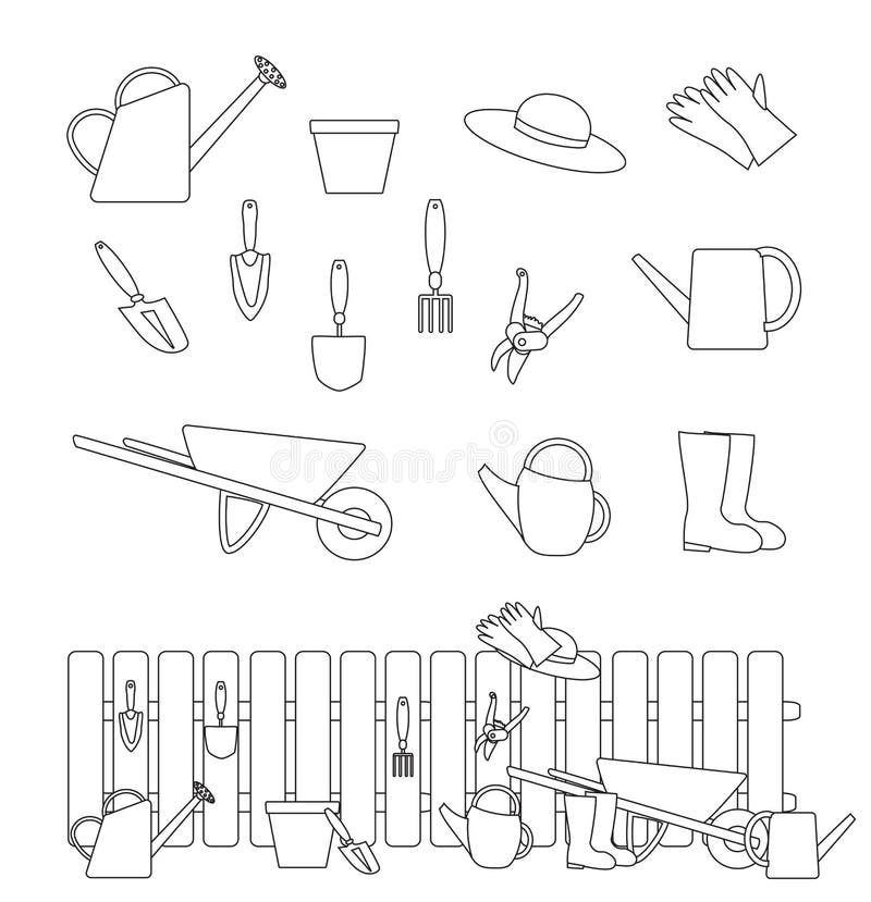 Set of Gardening Tools Symbols and a Composition with a Fence Stock ...
