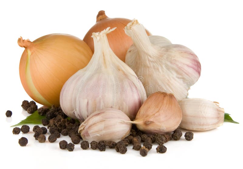 Set Of Garlic, Onion And Pepper Stock Photo - Image of isolated ...
