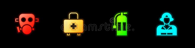 Set Gas Mask, First Aid Kit, Fire Extinguisher and Firefighter Icon ...