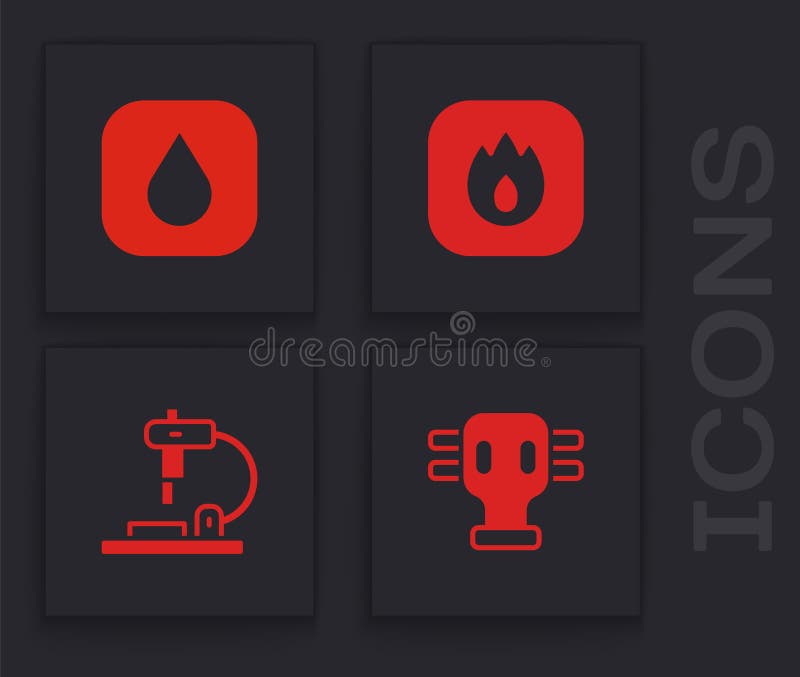 Set Gas Mask, Water Drop, Fire Flame and Microscope Icon. Vector Stock ...