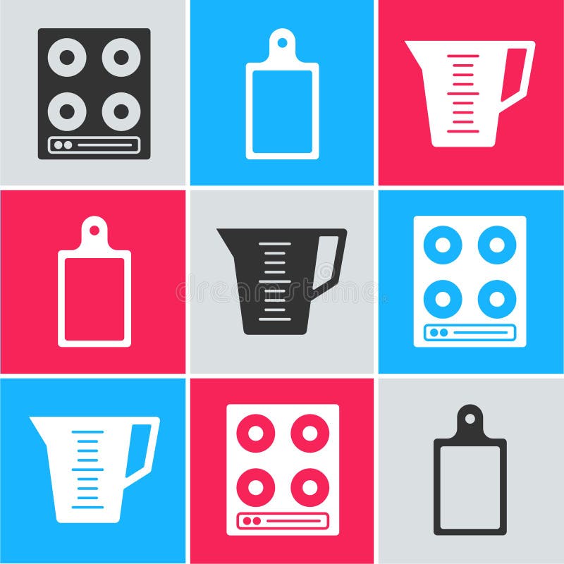 Set Gas Stove, Cutting Board and Measuring Cup Icon. Vector Stock ...