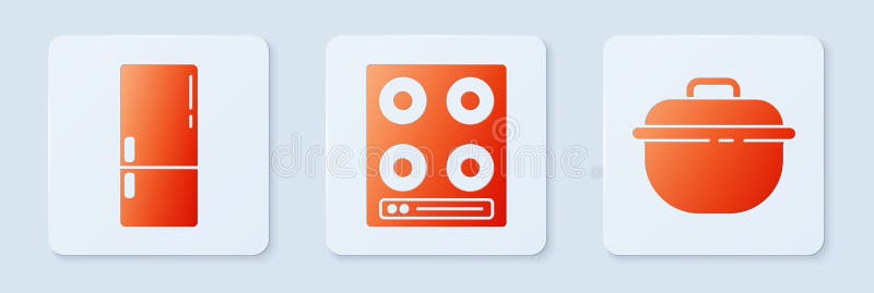Set Gas Stove, Refrigerator and Cooking Pot. White Square Button Stock ...