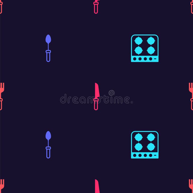 Set Gas Stove, Teaspoon, Knife and Fork on Seamless Pattern. Vector ...