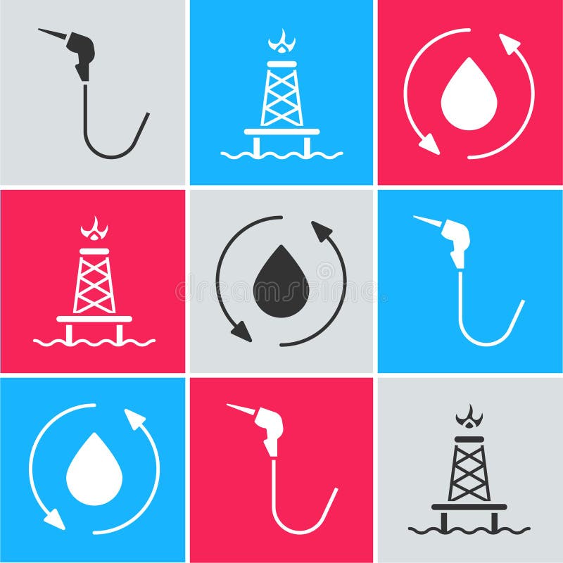 Set Gasoline Pump Nozzle, Oil Rig with Fire and Oil Drop Icon. Vector ...