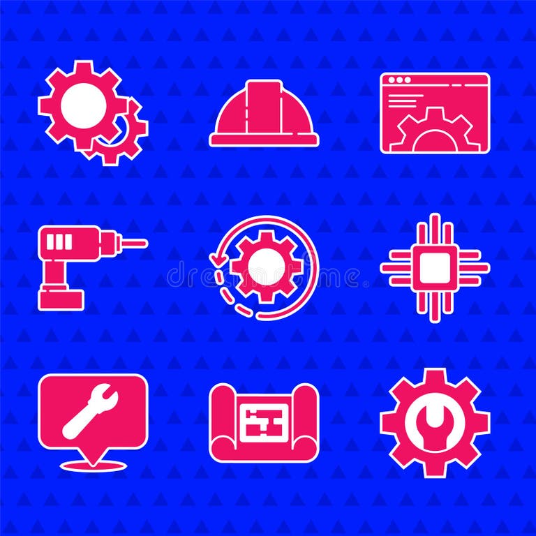 Set Gear and Arrows As Workflow, House Plan, Wrench Spanner Gear, Processor with Microcircuits ...