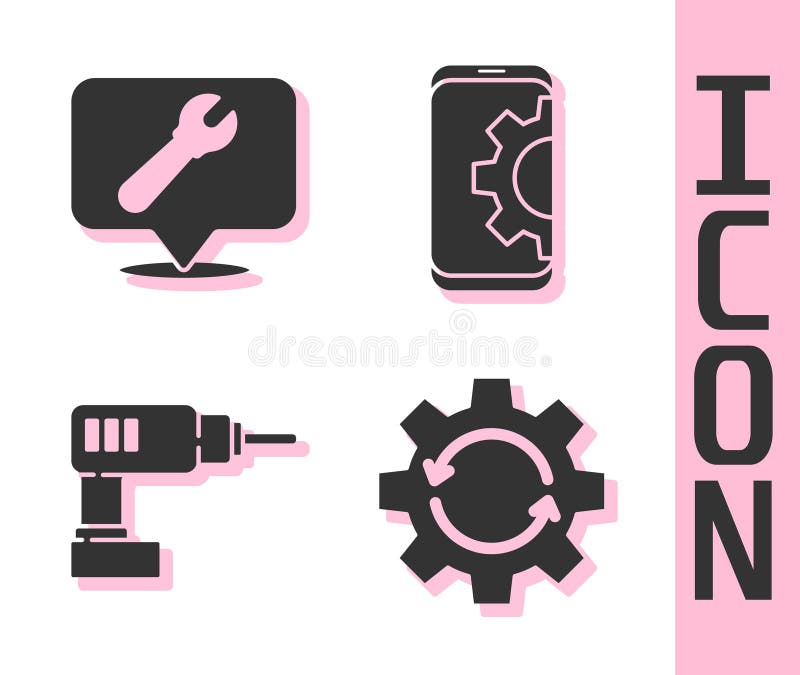 Set Gear and Arrows As Workflow, Location with Wrench Spanner, Electric ...