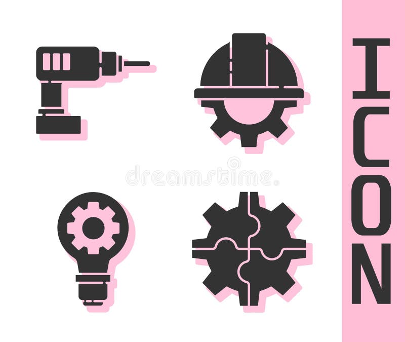 Set Gear, Electric Drill Machine, Light Bulb and Gear and Worker Safety ...