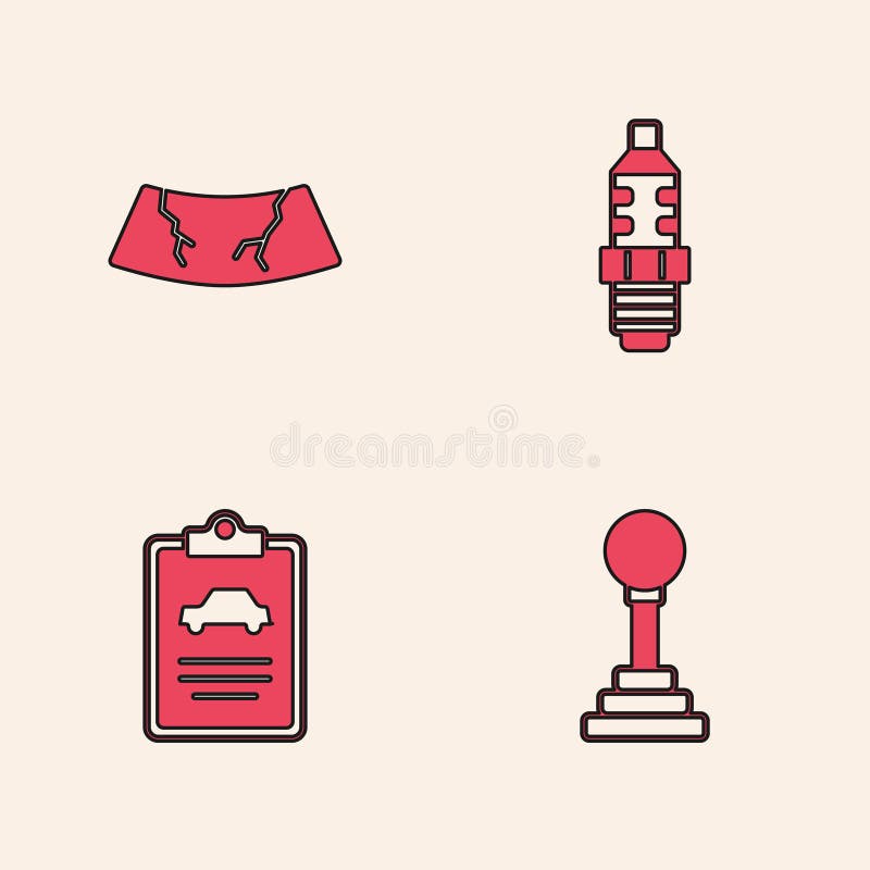 Set Gear Shifter, Broken Windshield, Car Spark Plug and Inspection Icon ...