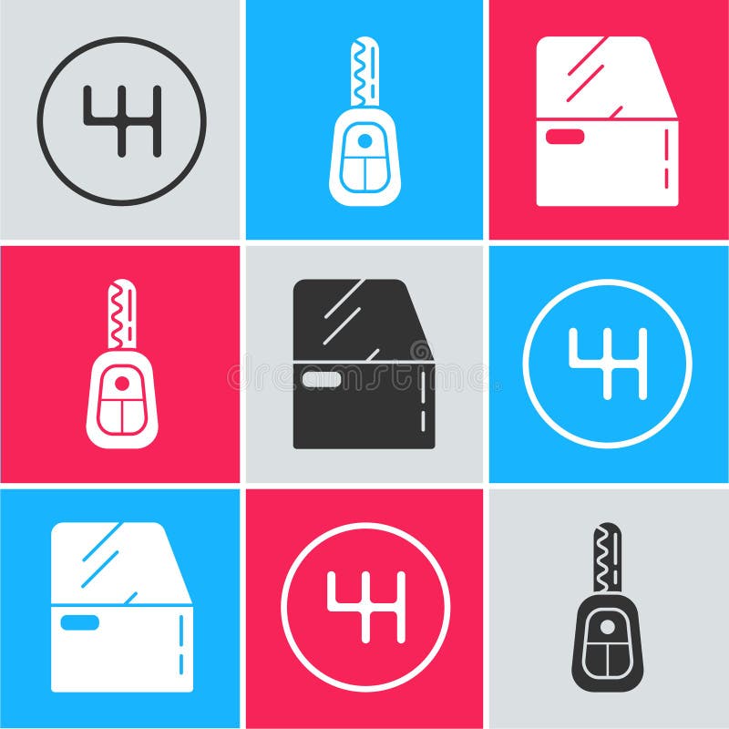 Set Gear Shifter, Car Key with Remote and Car Door Icon. Vector Stock ...