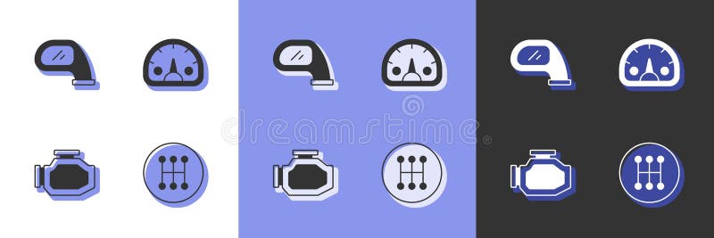 Set Gear Shifter, Car Mirror, Check Engine and Speedometer Icon. Vector ... Set Gear Shifter, Car Mirror, Check Engine and Speedometer Icon. Vector ...