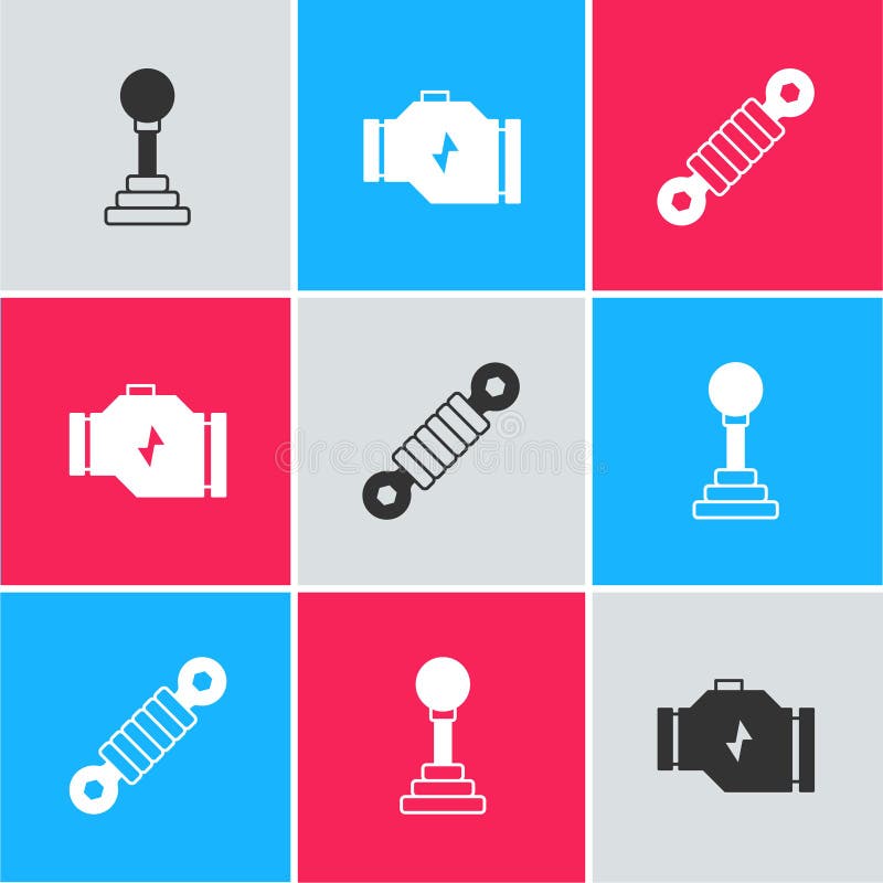 Set Gear Shifter, Check Engine and Shock Absorber Icon. Vector Stock ... Set Gear Shifter, Check Engine and Shock Absorber Icon. Vector Stock ...
