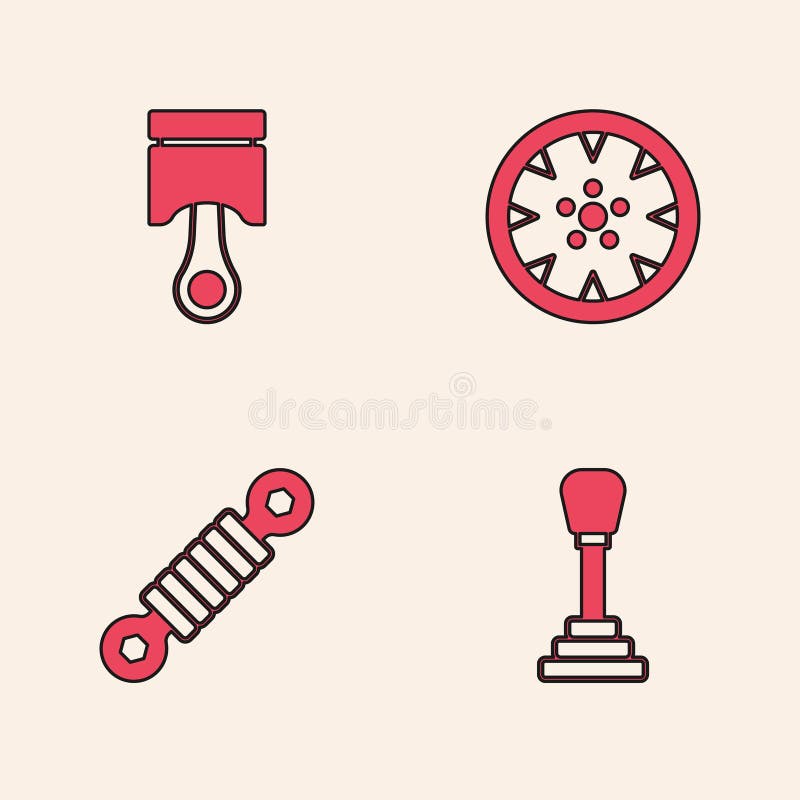 Set Gear Shifter, Engine Piston, Alloy Wheel and Shock Absorber Icon ...
