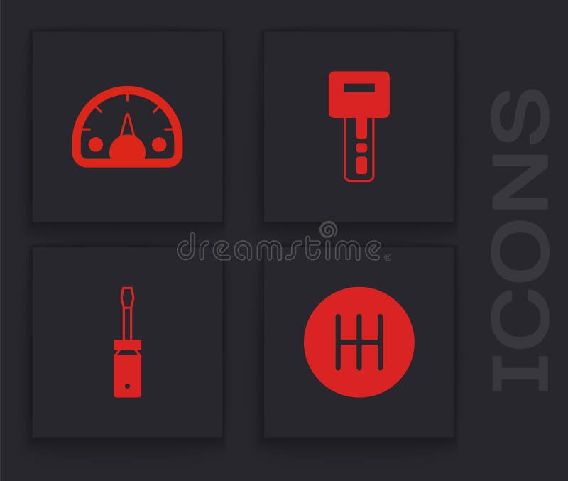 Set Gear Shifter, Speedometer, Car Key with Remote and Screwdriver Icon ...
