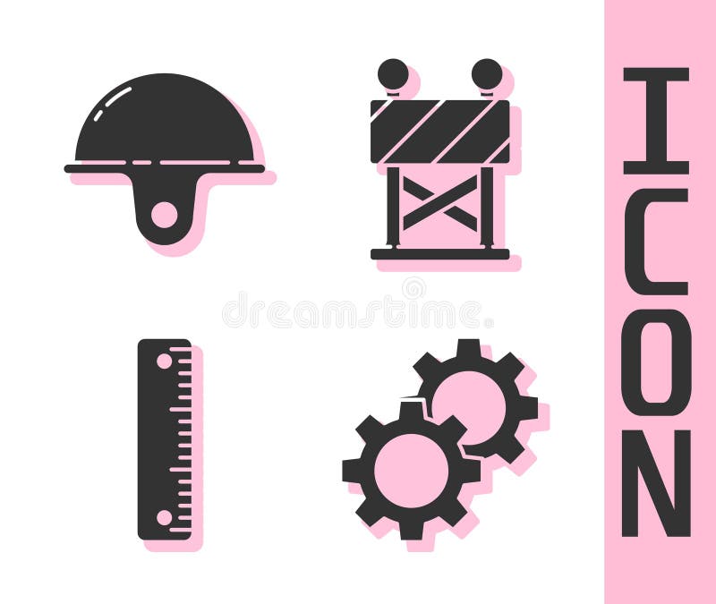Set Gear, Worker Safety Helmet, Ruler and Road Barrier Icon. Vector ...