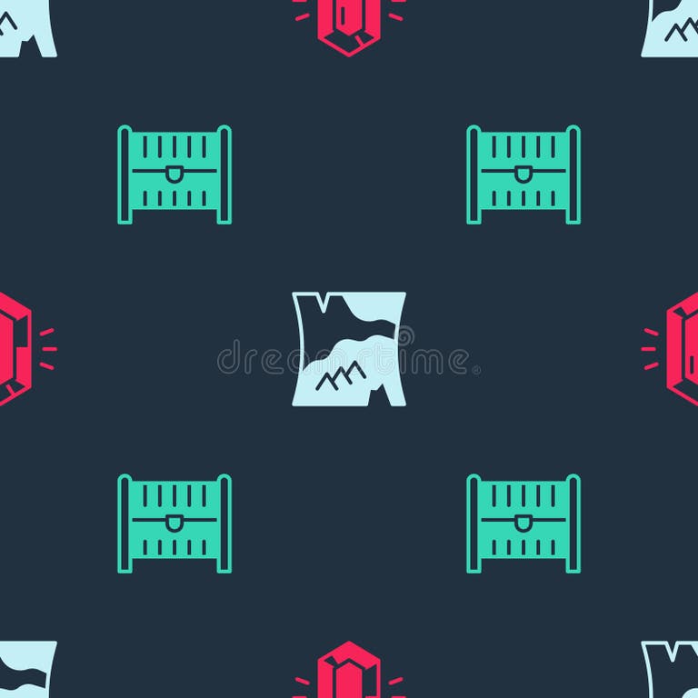 Set Gem Stone, Folded Map and Antique Treasure Chest on Seamless ...