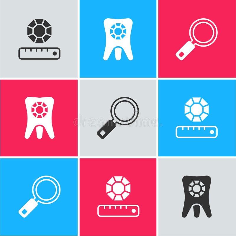 Set Gem Stone, Tooth with Diamond and Magnifying Glass Icon. Vector ...