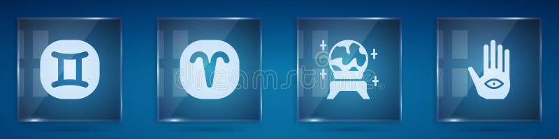 Set Gemini Zodiac, Aries, Magic Ball and Hamsa Hand. Square Glass ...