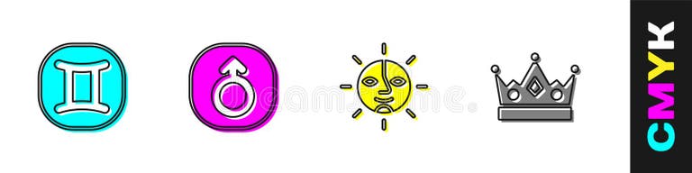 Set Gemini Zodiac, Mars, Sun and King Crown Icon. Vector Stock Vector ...
