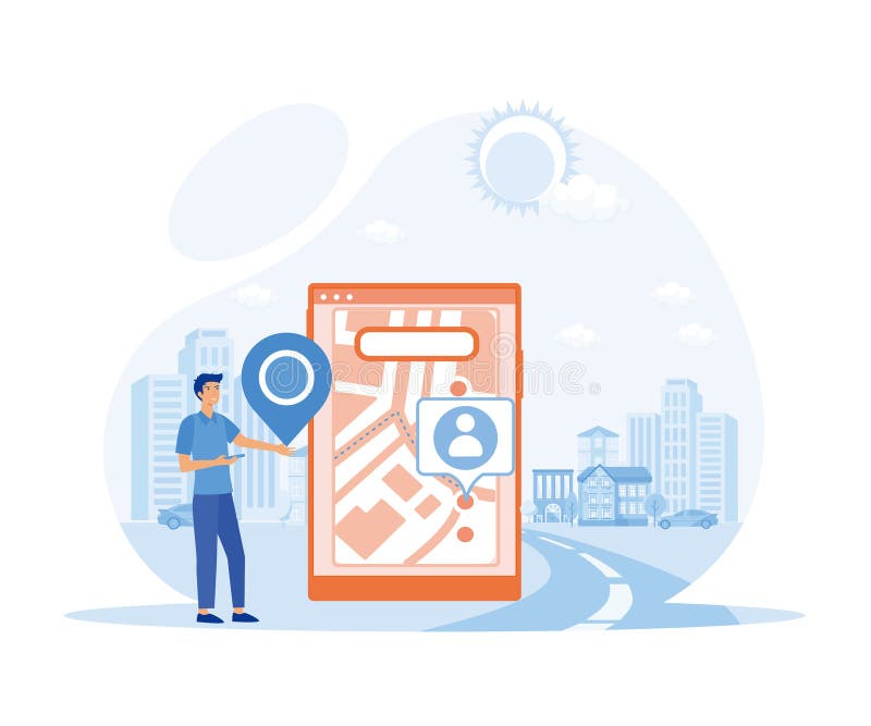 Set Geolocation Concept with Tiny Male and Female Characters Searching ...