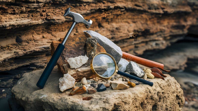 Set of Geological Tools Including Rock Hammer, Magnifying Glass, and ...