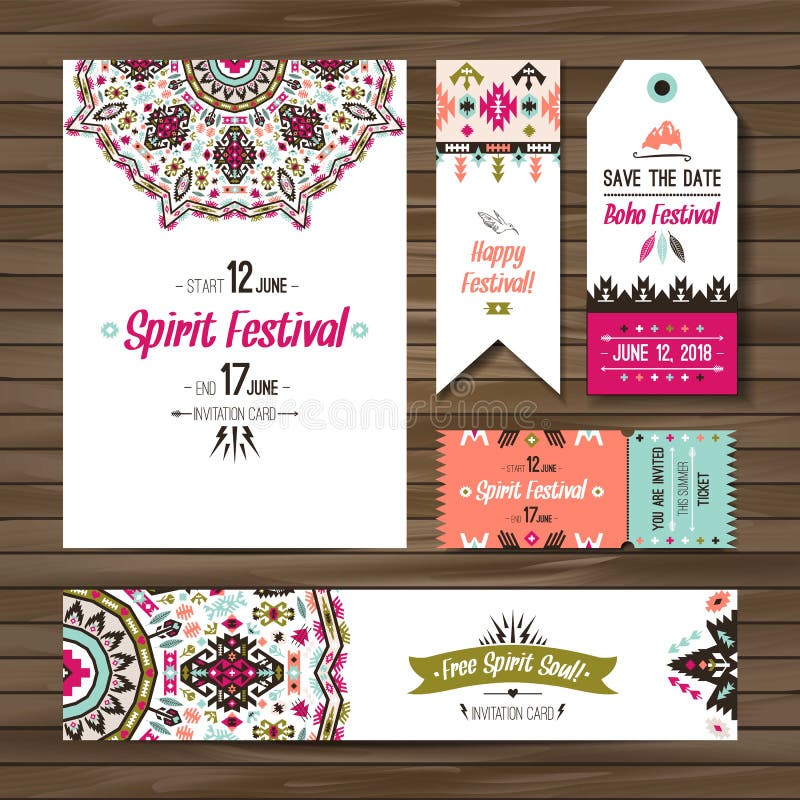 Set Of Geometric Boho Colorful Flyers. Vector Decorative Ethnic ...