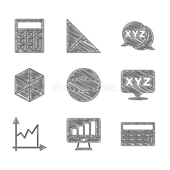 Set Geometric Figure Sphere, Computer Monitor with Graph Chart, Calculator, XYZ Coordinate ...