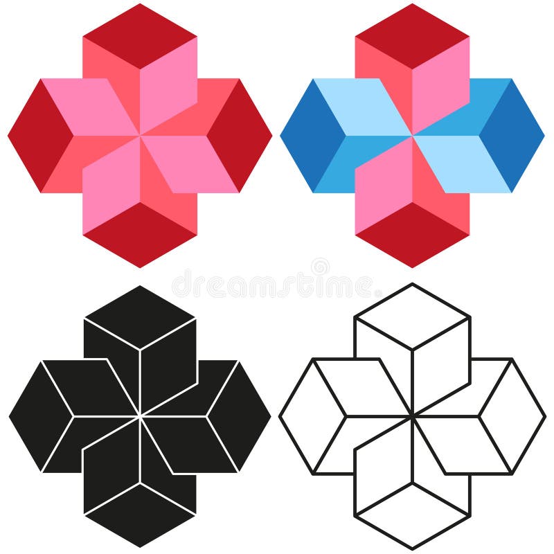 Set of Geometric Flower Icons. Four Different Cube Designs. Abstract ...