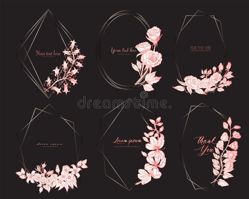 Set of Geometric Frame with Hand Drawn Floral. Botanical Composition ...