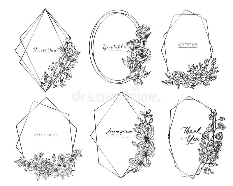Set of Geometric Frame with Hand Drawn Floral. Botanical Composition ...