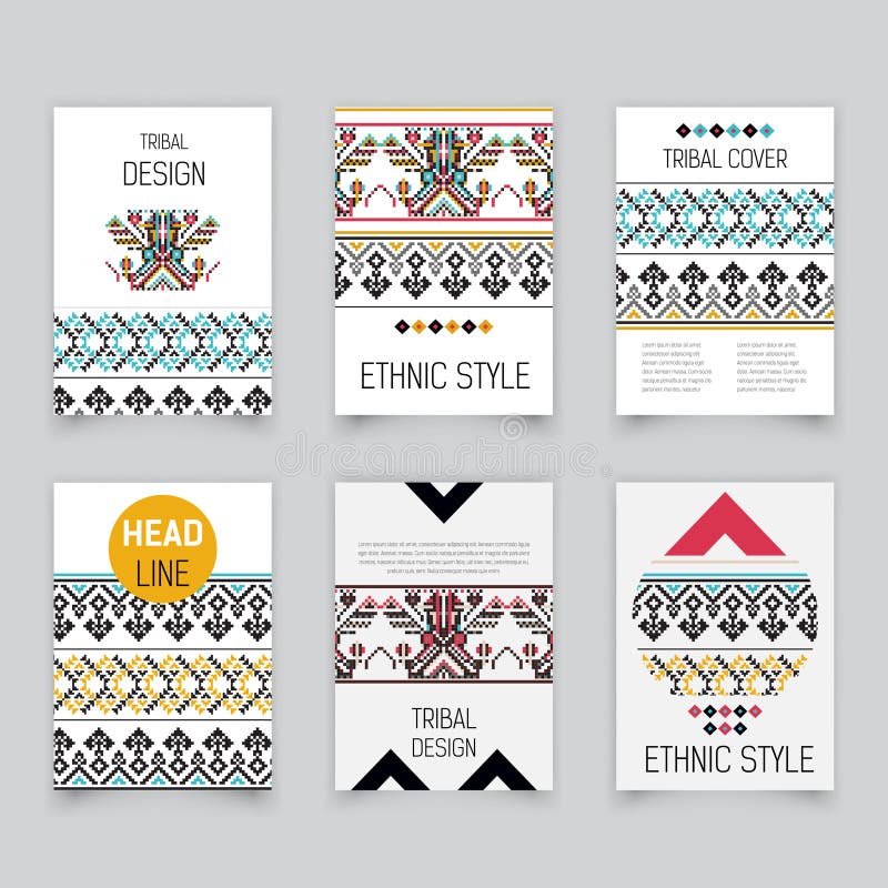 Set of Geometric Tribal Aztec Pixel Flyers, Brochure Templates, Design ...