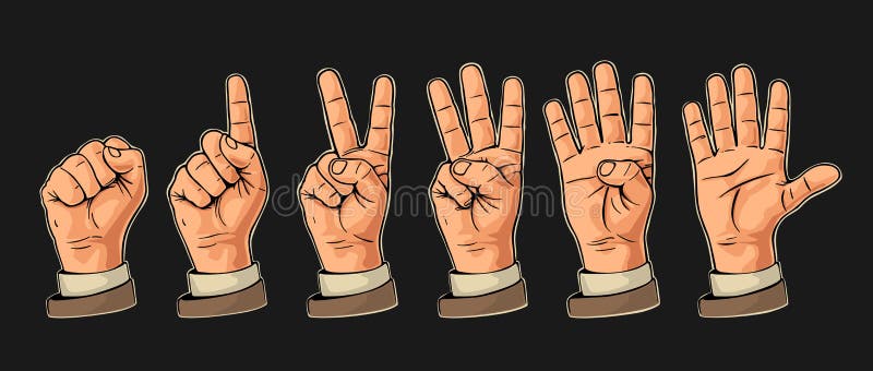 Set of Gestures of Hands Counting from Zero To Five. Male Hand Sign ...